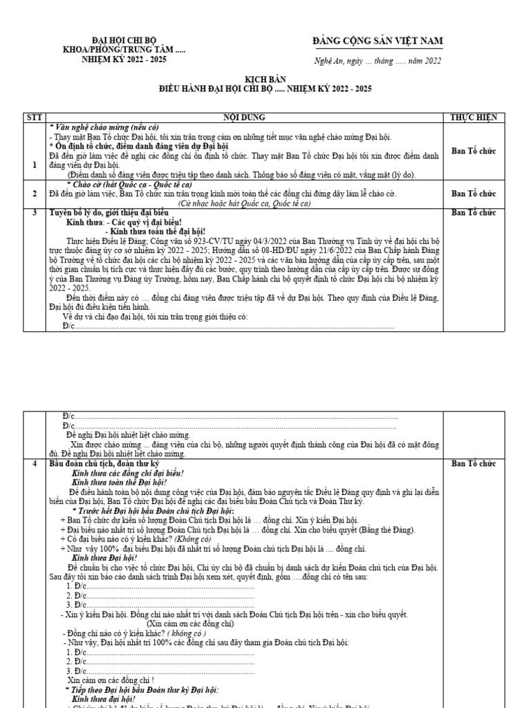 26 Kich Ban Dieu Hanh Dai Hoi Chi Bo 20222025 | PDF