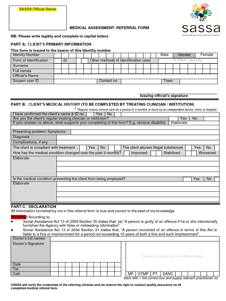 SASSA Medical Assessment Referral Form | PDF | Clinical Medicine | Medicine