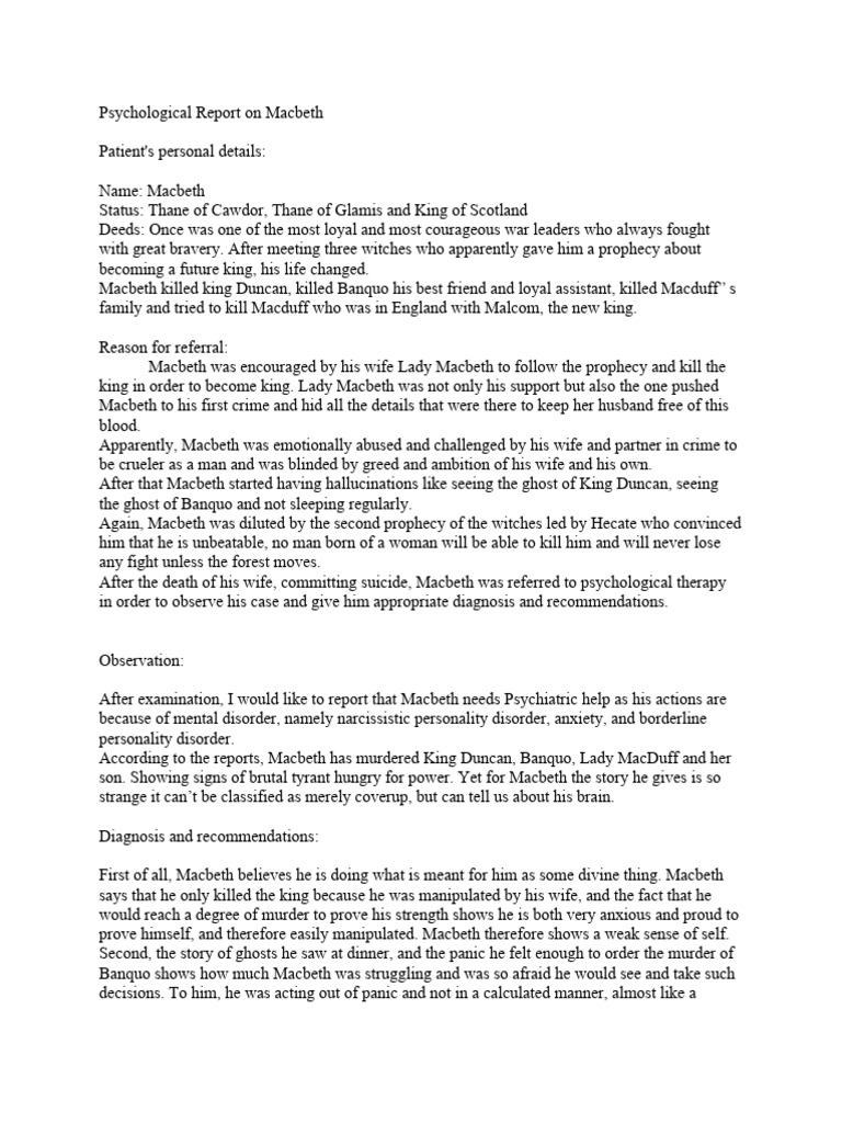 Macbeth's Psychological Profile | PDF | Macbeth | Mental Health