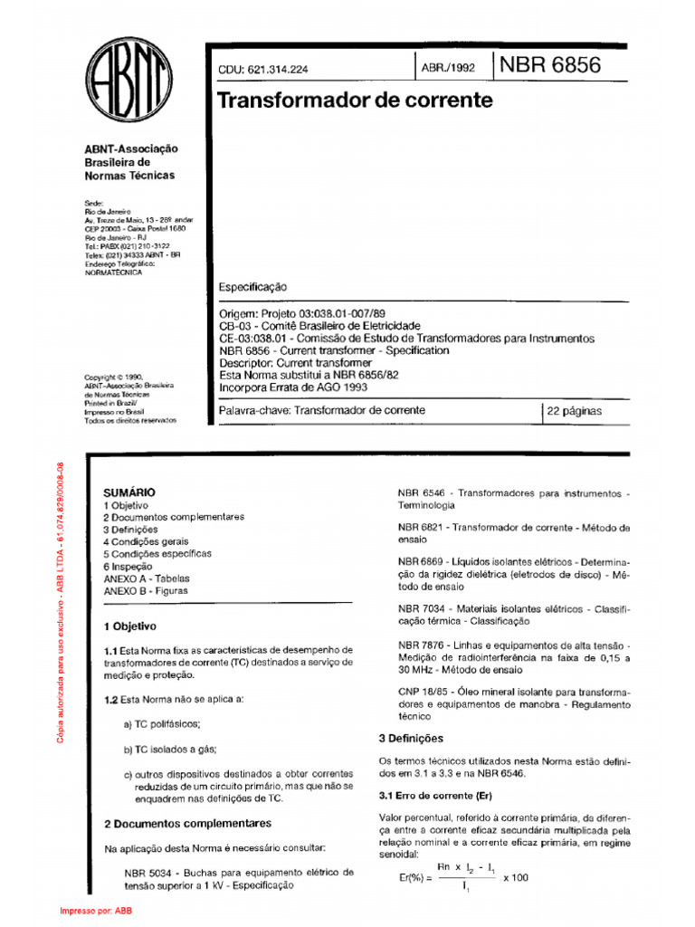 NBR-6856-Transformadores de Corrente-Especificação | PDF