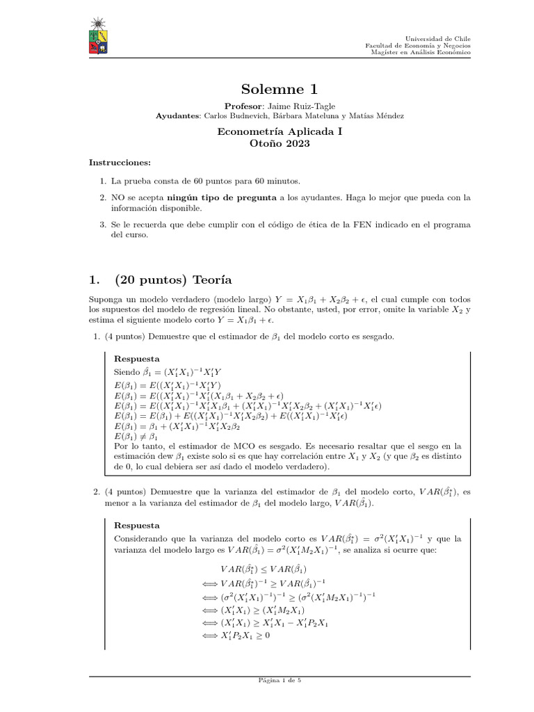 Econometria MAE 2023 Solemne 1 - Pauta | Descargar gratis PDF | Metodología de encuesta ...