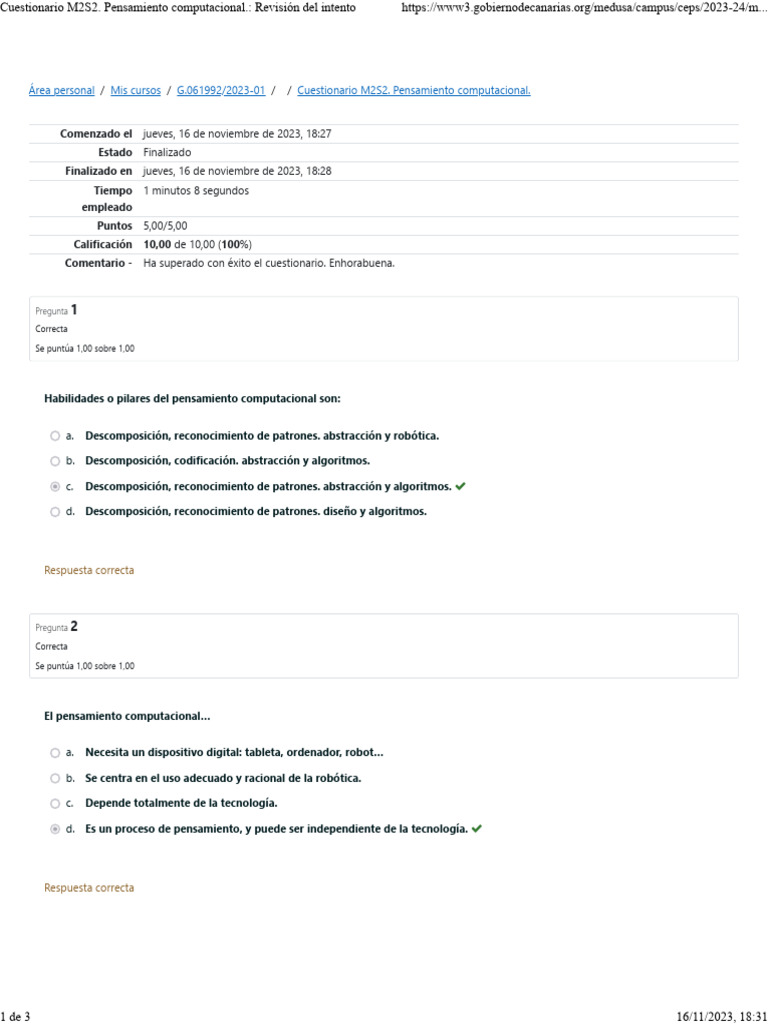 Cuestionario M2S2. Pensamiento Computacional. Revisión Del Intento | PDF | Pensamiento | Algoritmos