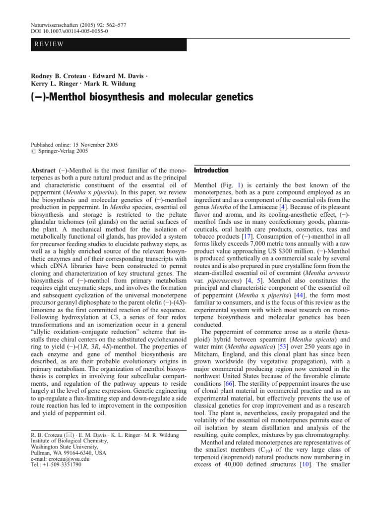 Menthol Biosynthesis and Molecular Genetics | PDF | Enzyme | Proteins