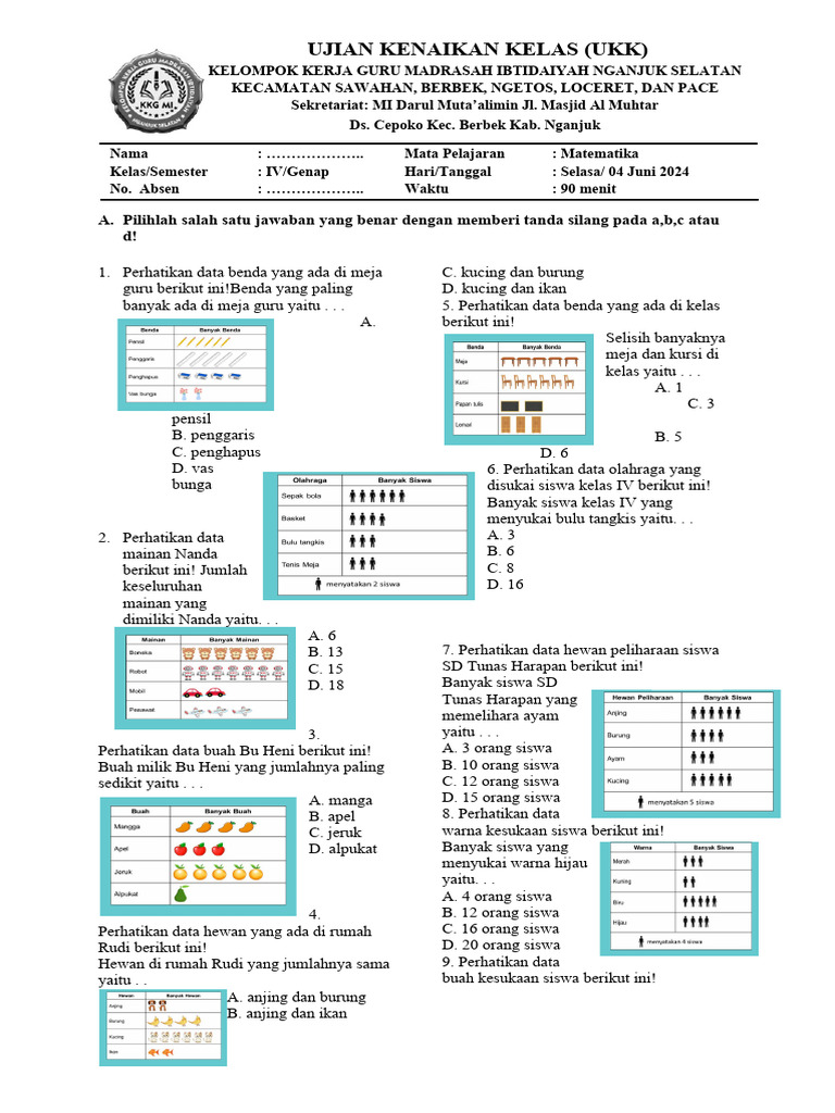 Soal Matematika Kelas 4 Diagram Gambar Dan Diagram Batang | PDF