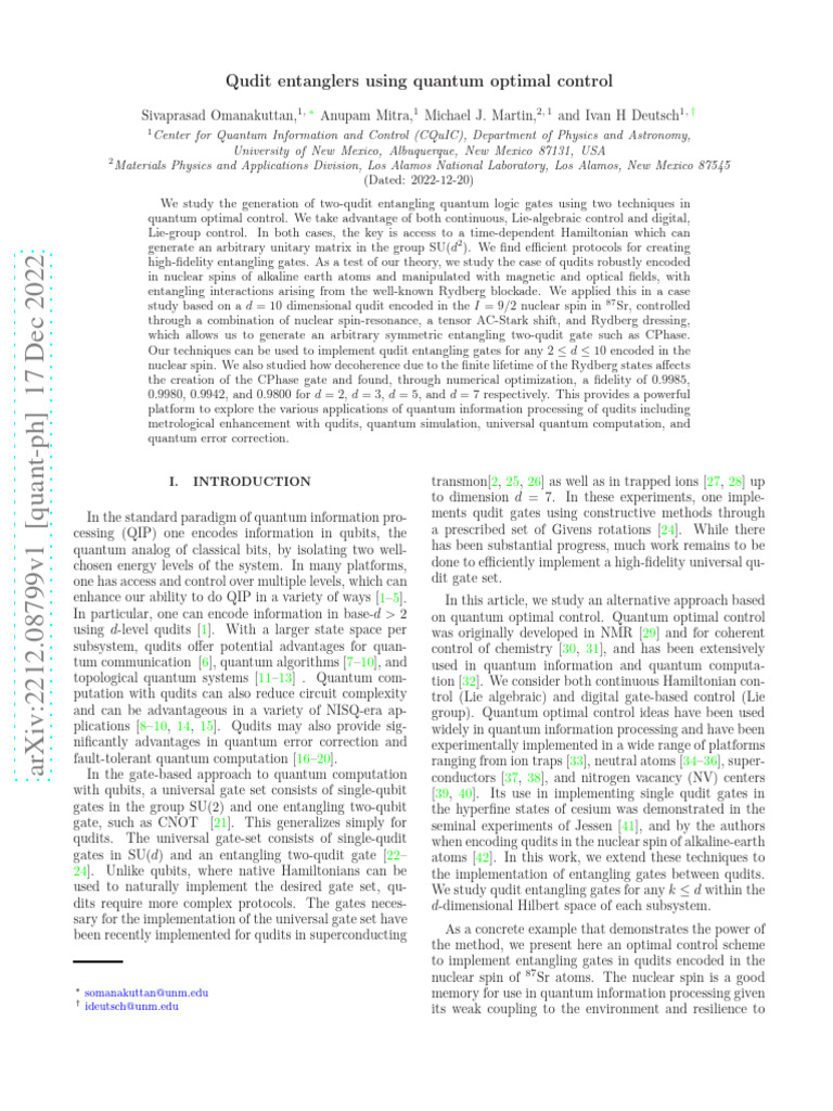 Qudit Entanglers Using Quantum Optimal Control: Somanakuttan@unm - Edu Ideutsch@unm - Edu | PDF ...