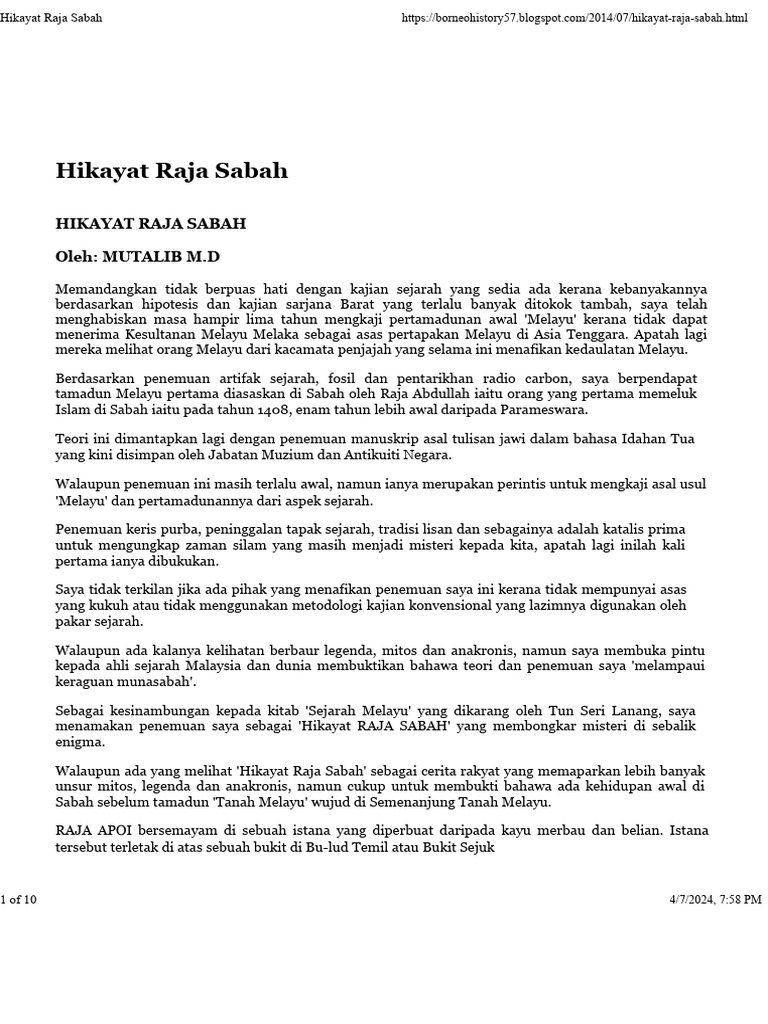 Borneo History Hikayat Raja Sabah | PDF