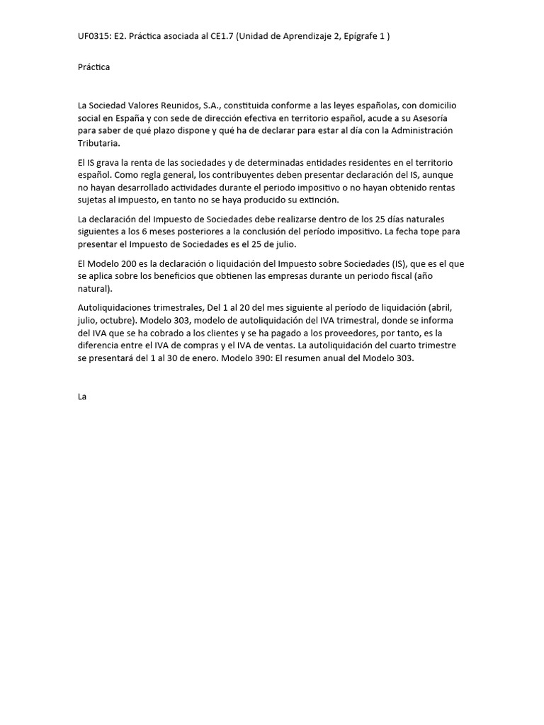 UF0315 E2. Práctica Asociada Al CE1.7 Unidad de Aprendizaje 2, Epígrafe 1 | PDF | Negocios ...