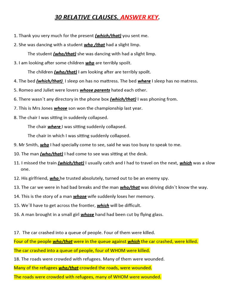 Relative Clauses Transformation - ANSWER KEY | PDF