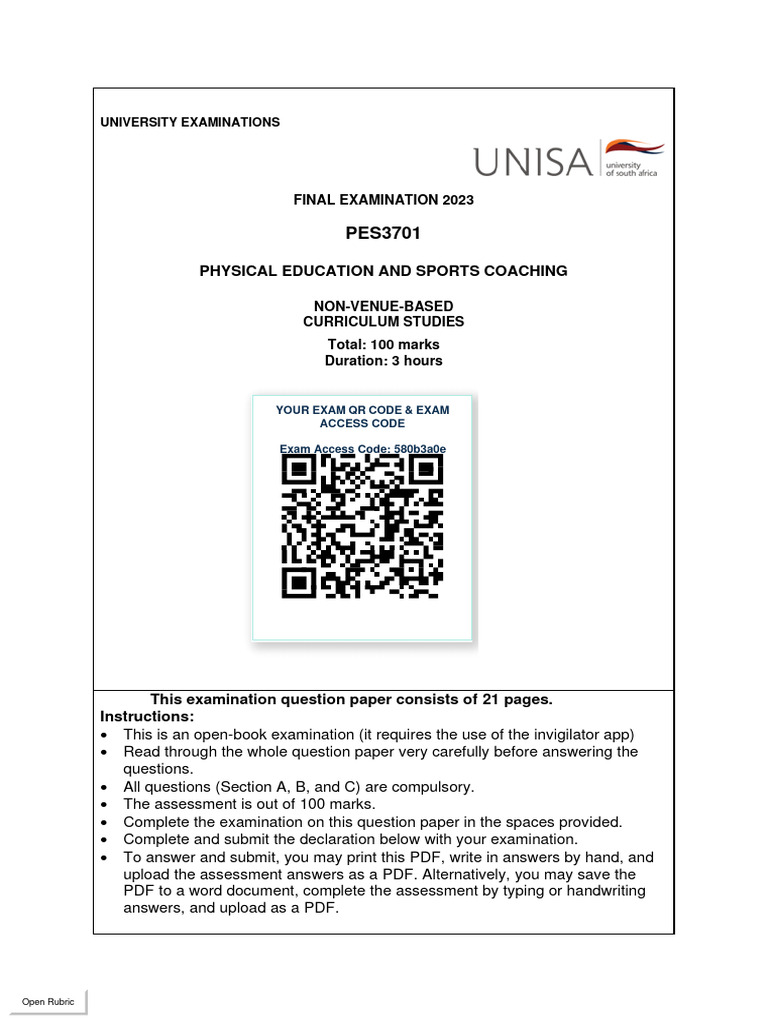 PES3701 Examination Paper | PDF | Physical Fitness | Insulin