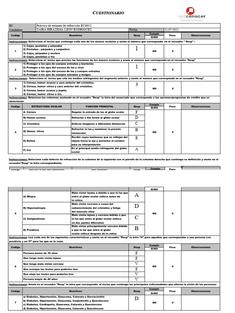 CUESTIONARIO | PDF | Ojo humano | Percepción visual