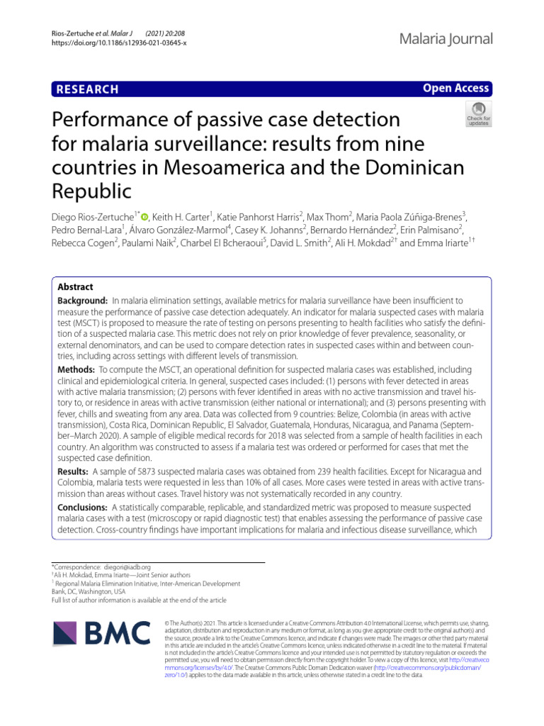 Performance of Passive Case Detection Indicator | PDF | Malaria ...