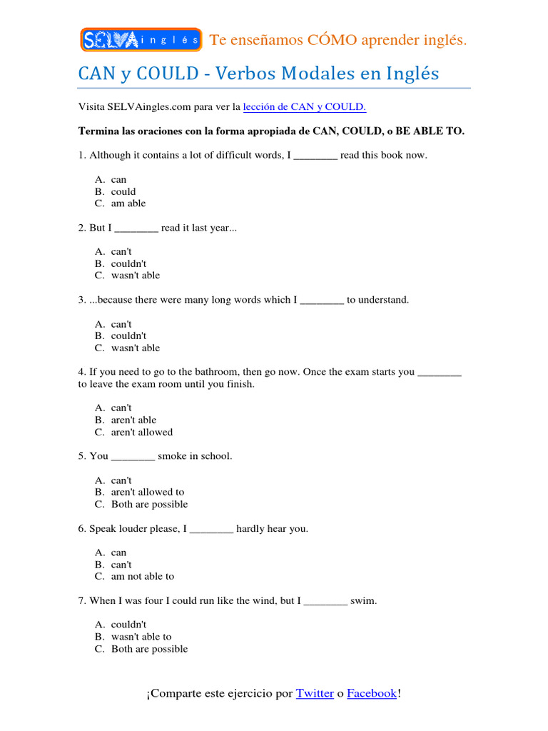 Ejercicios de Can y Could en Inglés | PDF | Gramática | Sintaxis