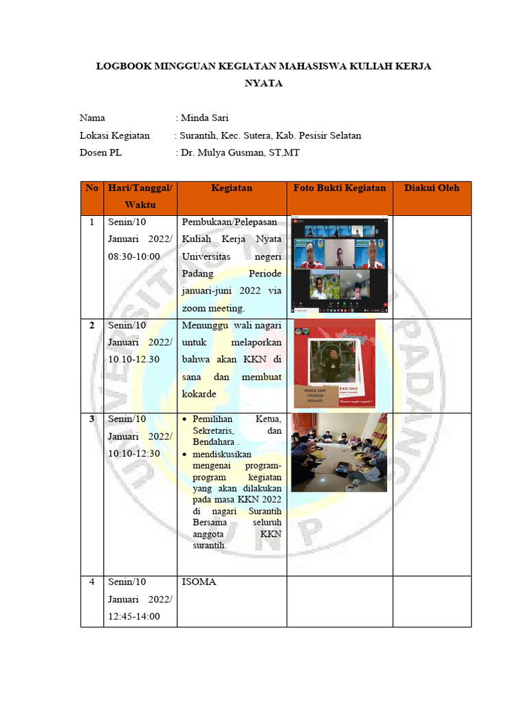 Logbook Mingguan Kegiatan Mahasiswa Kuliah Kerja Nyata | PDF