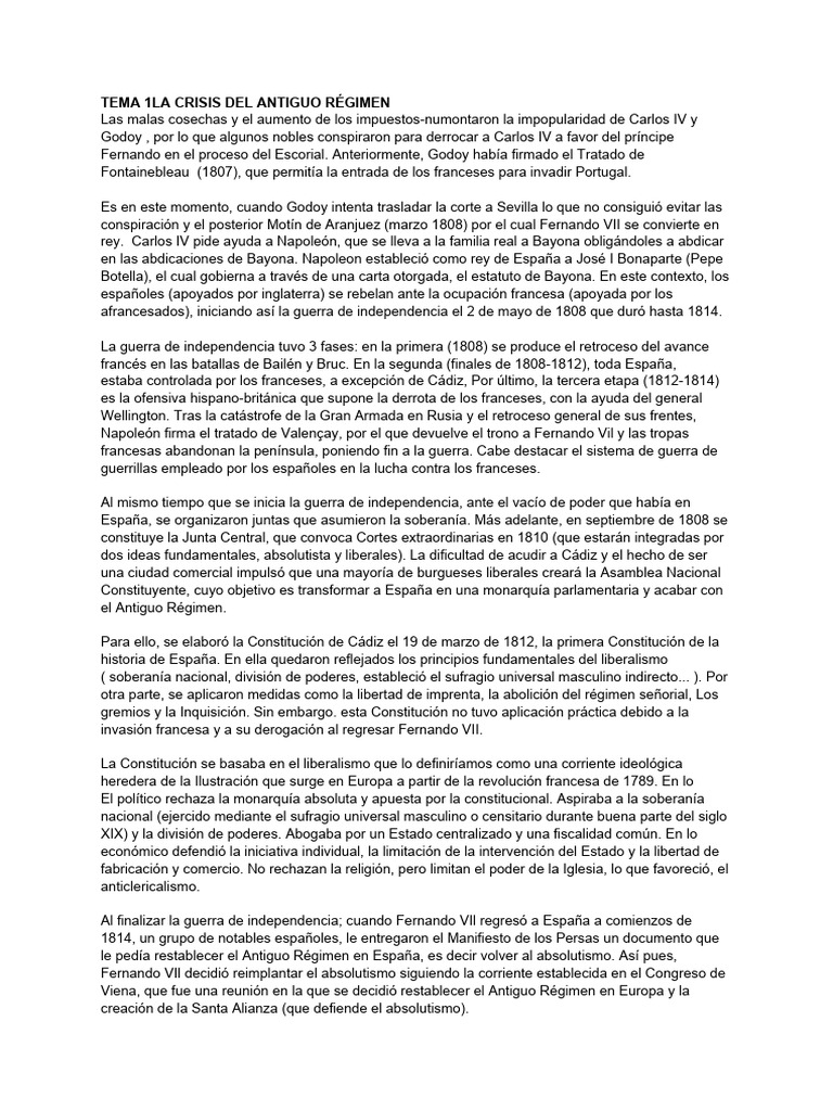 Tema 1la Crisis Del Antiguo Rã - Gimen | PDF | Guerra peninsular | Gobierno de españa