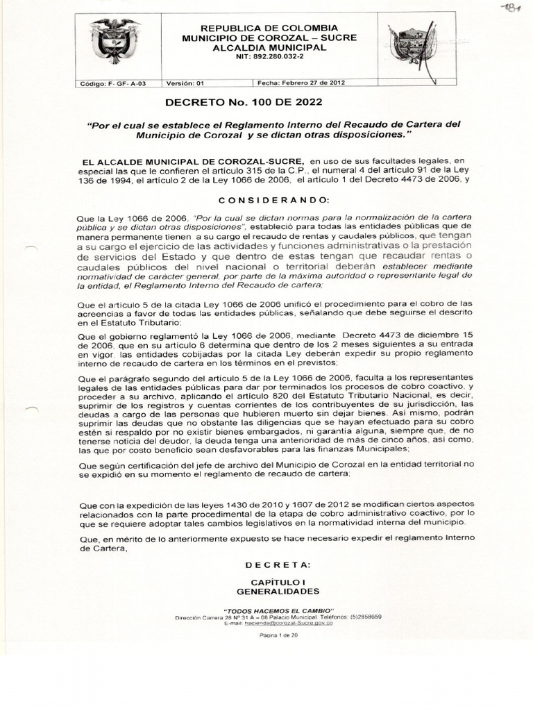 Decreto 100 2022 - Reglamento Interno de Cartera | PDF