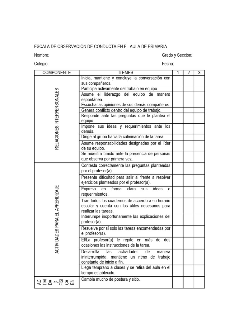 Escala de Observacion de Conducta en El Aula | Descargar gratis PDF ...