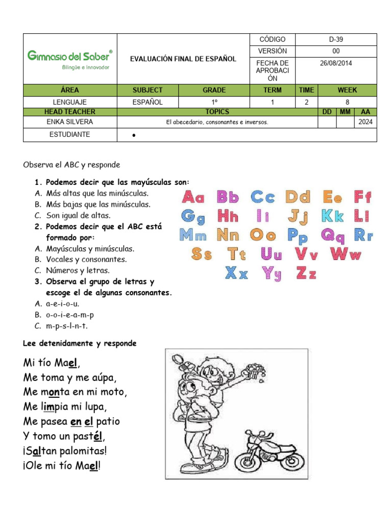 Evaluación Final Español 1º Grado | PDF | Comunicación humana | Lingüística