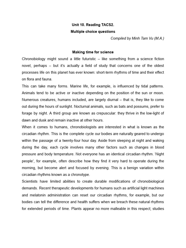 Unit 10. Reading TACS2. Multiple Choice Questions. Example | Download Free PDF | Circadian ...
