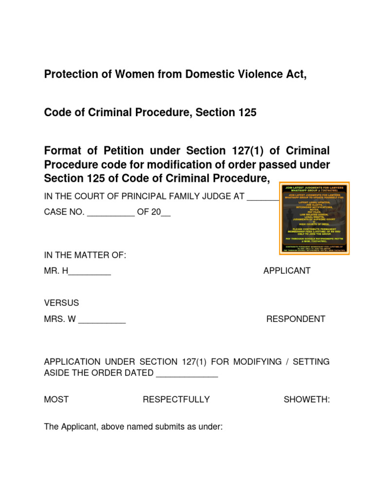 Format of Petition Under Section 1271 of Criminal Procedure Code | PDF | Restraining Order | Damages