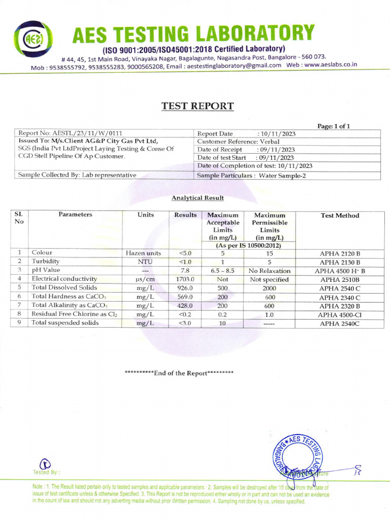 Water Quality Test Report 2023 | PDF | Technology & Engineering