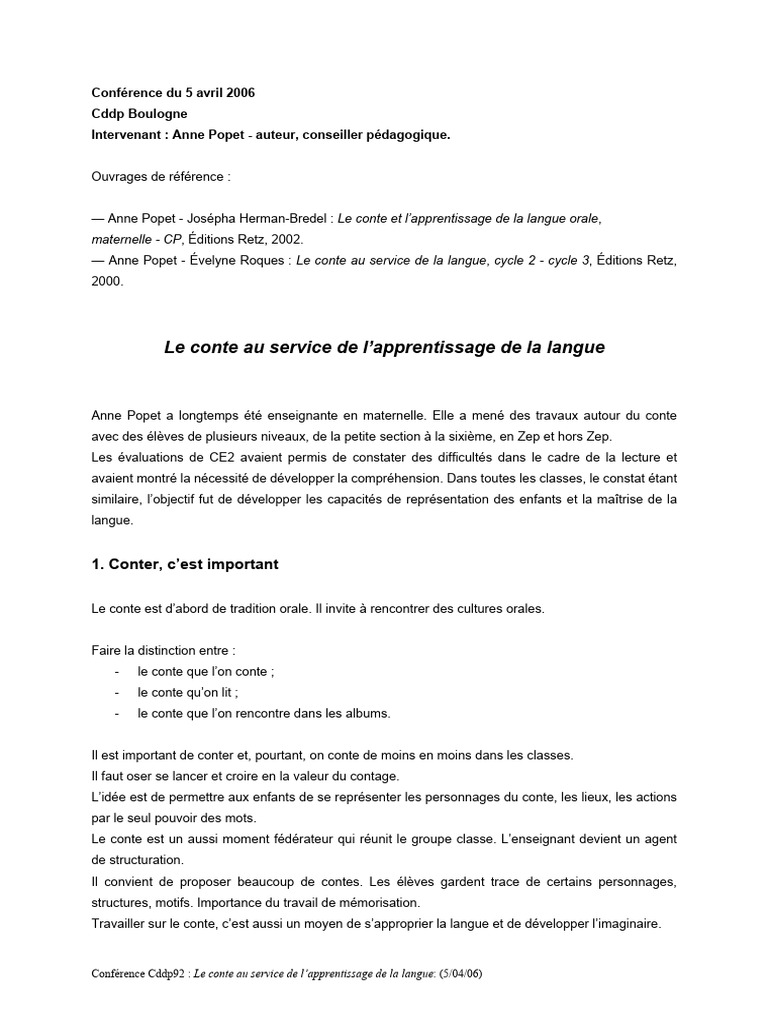 Anne Popet Le Conte Et L'oral | PDF | Discours | Contes de fées