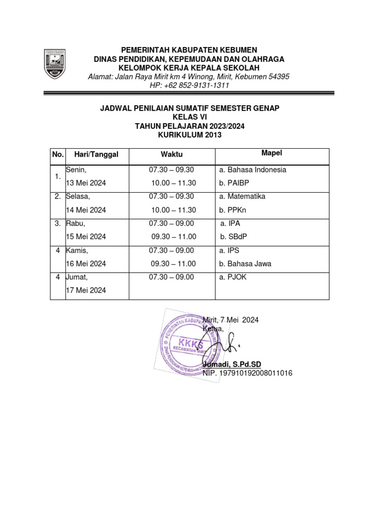 Revisi Jadwal Penilaian Sumatif | PDF