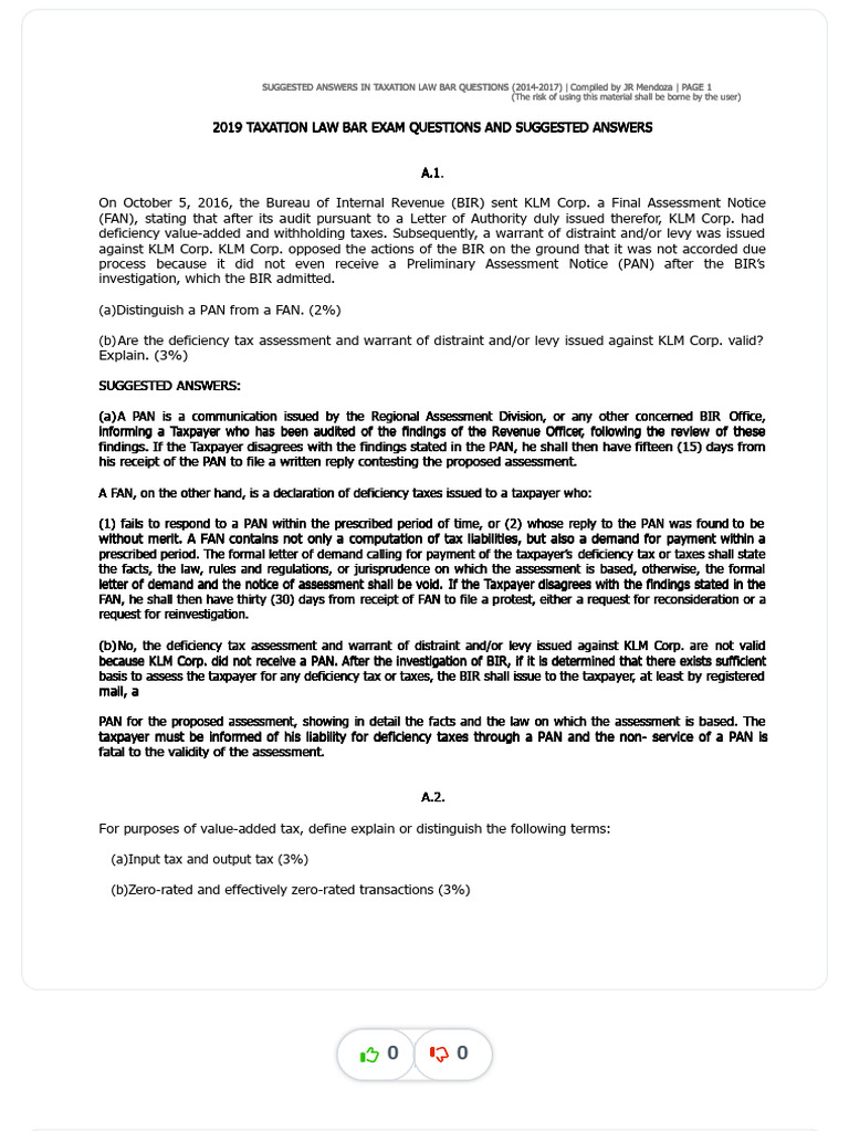 2014 2019 Taxation Law Bar Questions and Answers Compress Compress | PDF | Value Added Tax | Taxes