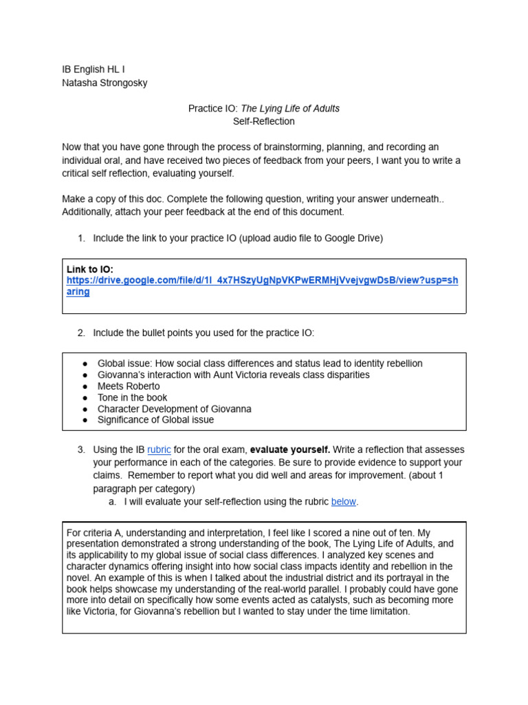 Natashas Practice Io Reflection 1 | PDF | Rubric (Academic) | Evaluation