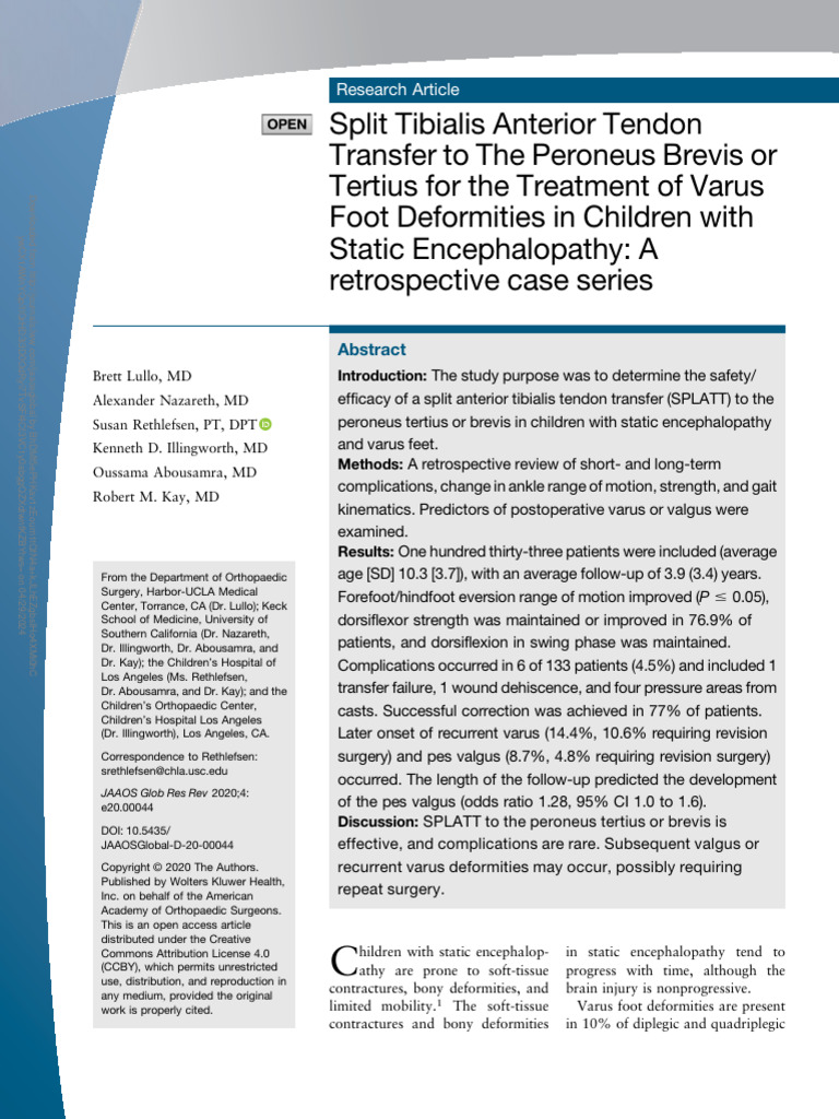 Split Tibialis Anterior Tendon Transfer To The.7 | PDF | Foot | Human Leg