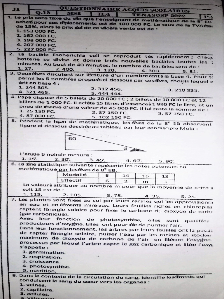 Questionnaire Tenasosp 2024 Mathématiques | PDF