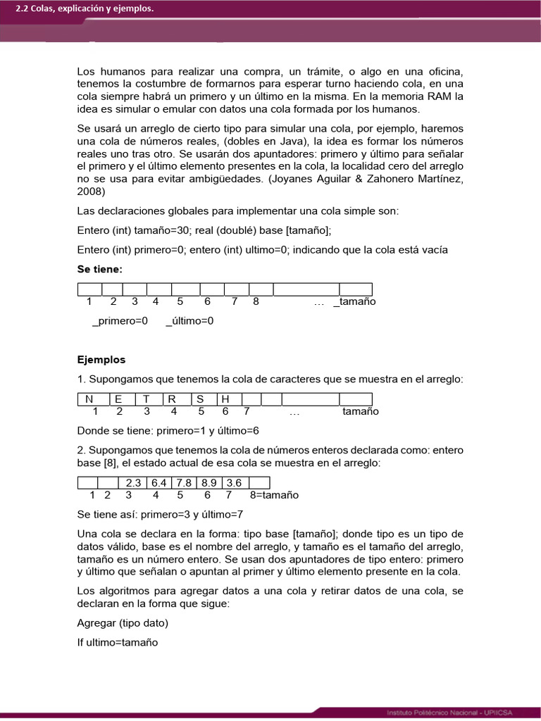 Estructura y Algoritmos de Colas | PDF | Cola (tipo de datos abstractos) | Ingeniería Informática