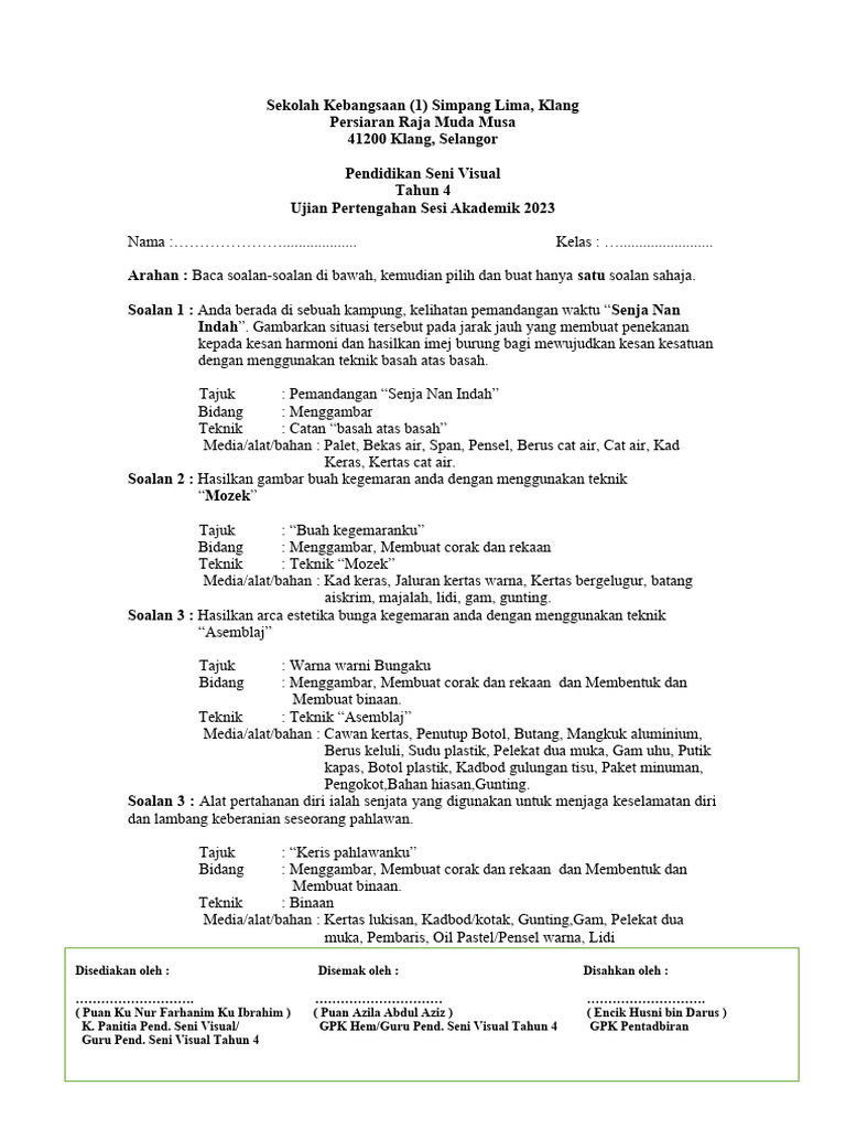 Soalan PSV Tahun 4 Ujian Pertengahan Sesi Akdemik 2023 | PDF