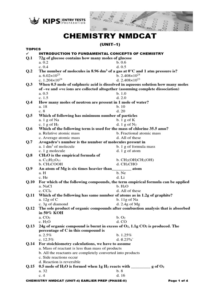 NMDCAT Chemistry Unit 4 Practice Questions | PDF | Mole (Unit ...