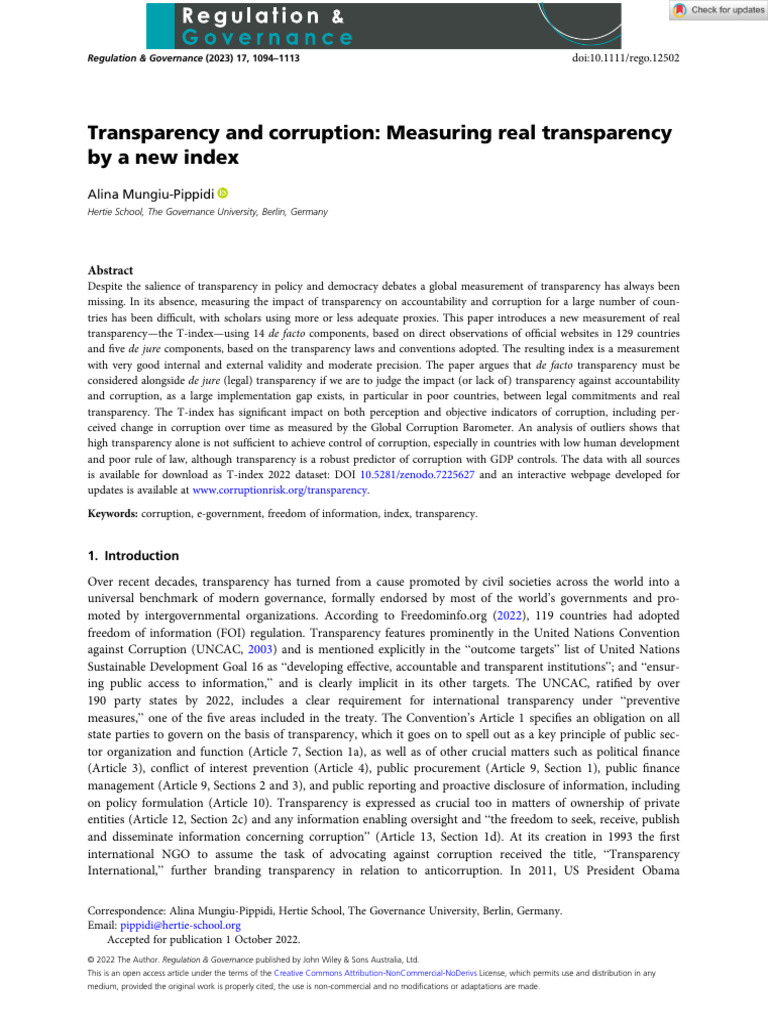 Regulation Governance - 2022 - Mungiu Pippidi - Transparency and ...