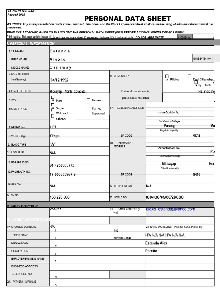 Personal Data Sheet Cs Form No 212 Revised 2018 | PDF | Government