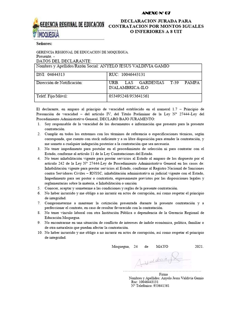 Declaracion Jurada Anexo N°07 | PDF | Estado (política) | Gobierno