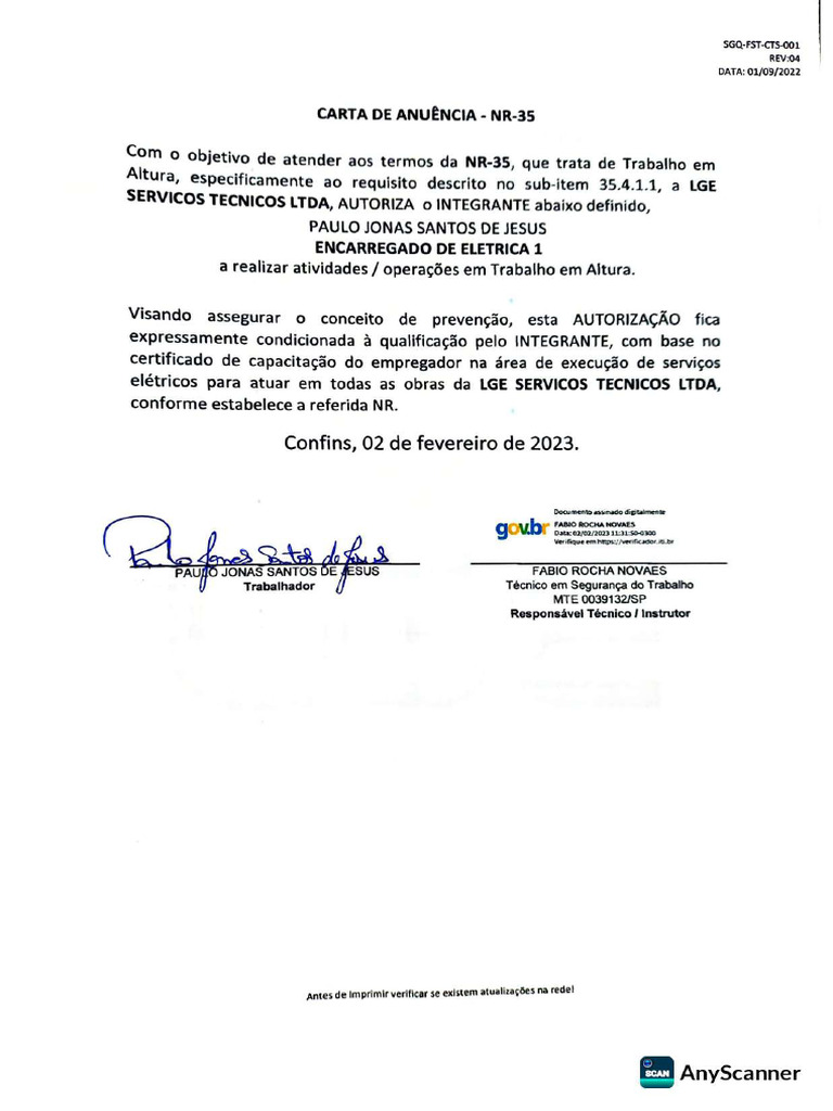 Anuencia NR 35 Paulo | PDF