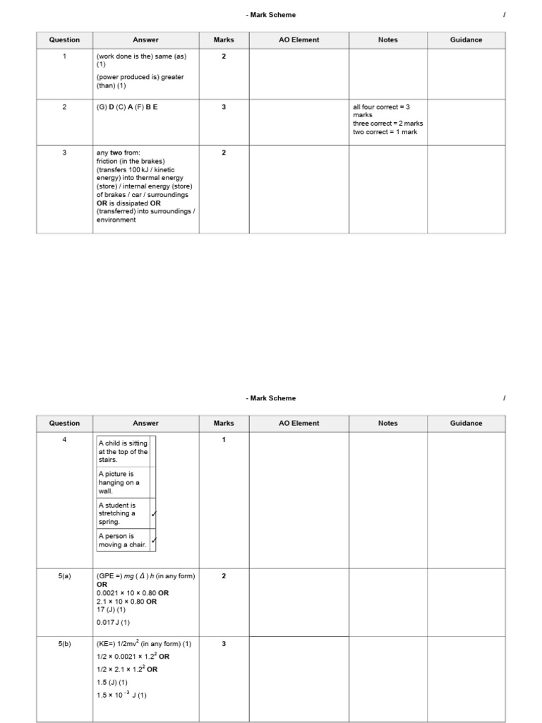 Physics Mark Scheme Guidance Document | PDF | Friction | Kinetic Energy
