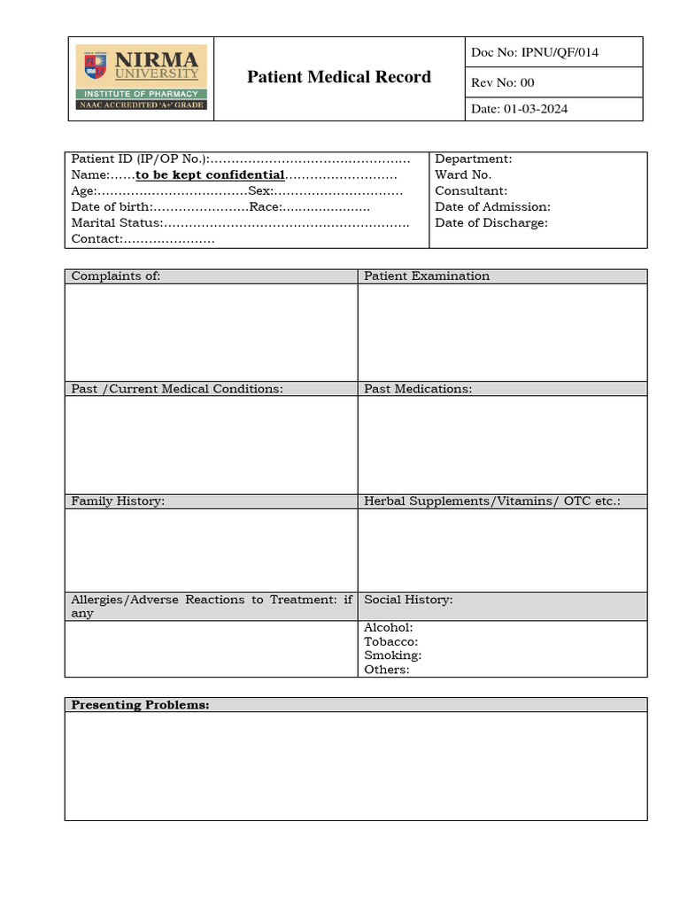 Patient Medical Record Form (MRF) | PDF | Medical Record | Physical Examination