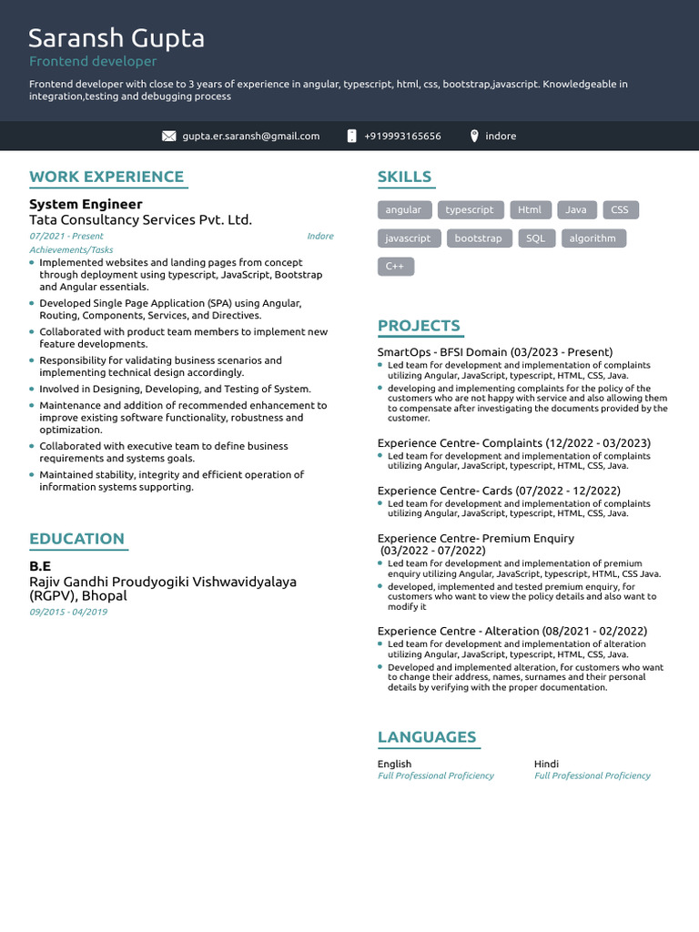 Software Engineer Resume 3 YRS | PDF | Java Script | Bootstrap (Front End Framework)