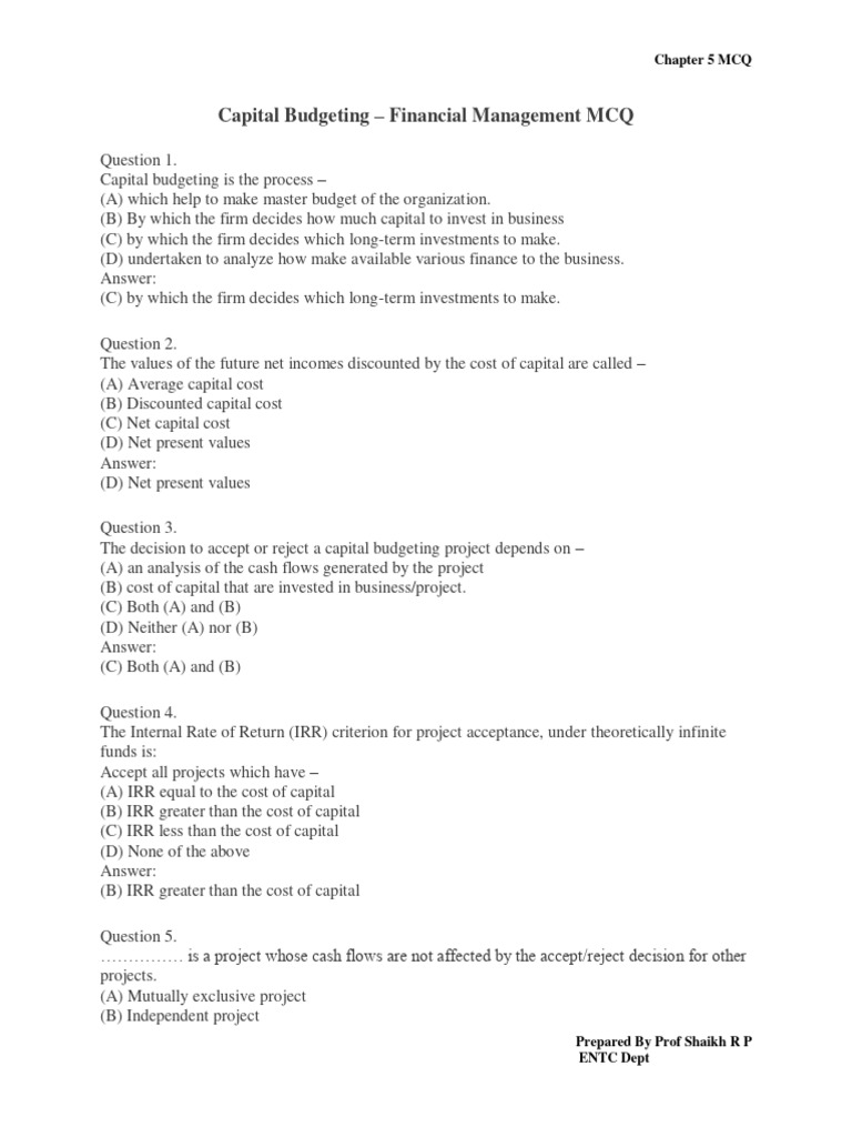 Capital Budgeting MCQs | PDF | Net Present Value | Capital Budgeting