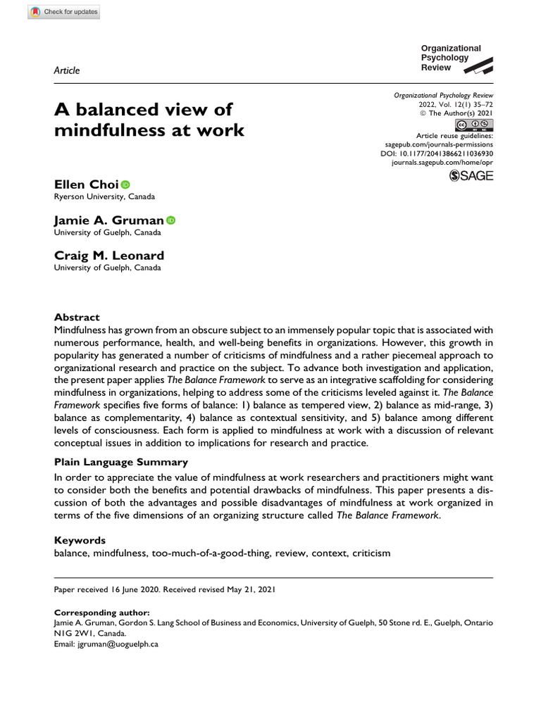 A balanced view of mainfullness at work | PDF | Mindfulness | Positive ...