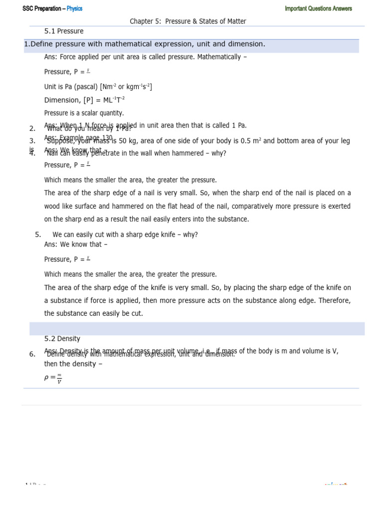 Pressure and Density in Physics | PDF | Buoyancy | Pressure