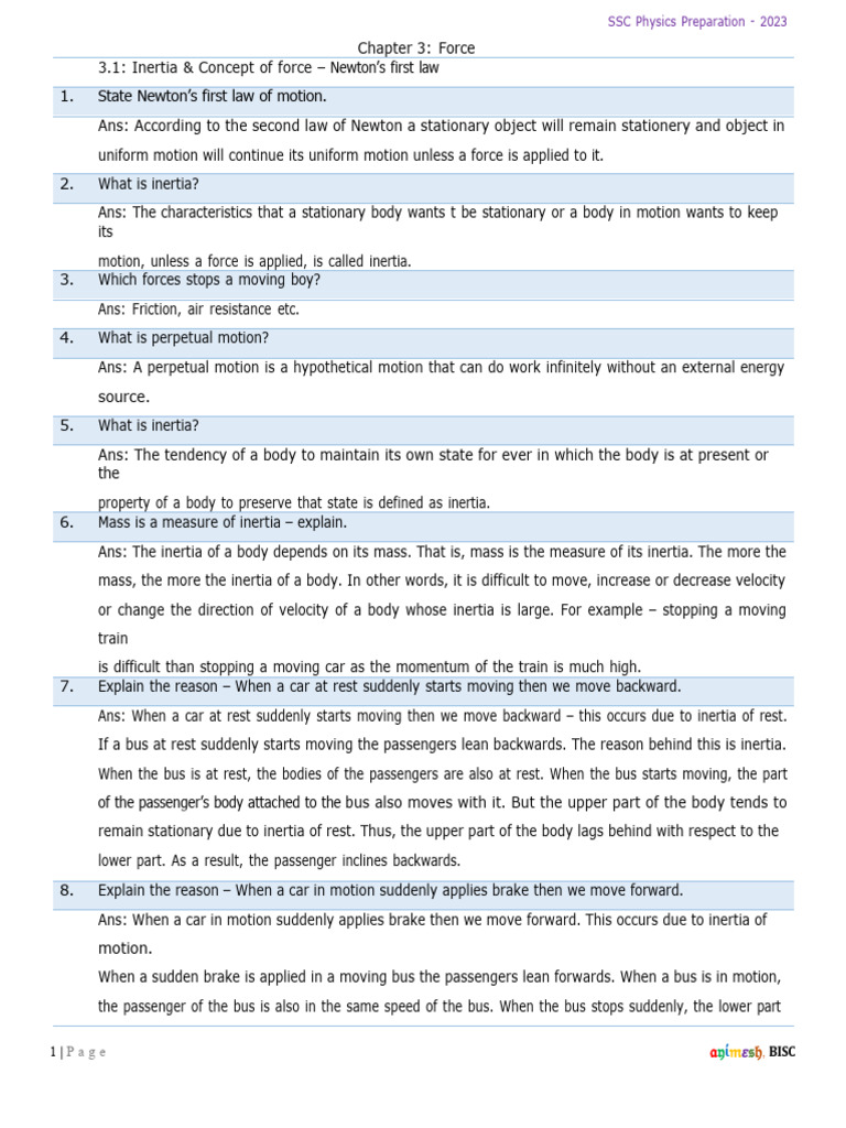 Short Questions For A and B - Chapter 3 Force | PDF | Force | Atomic Nucleus