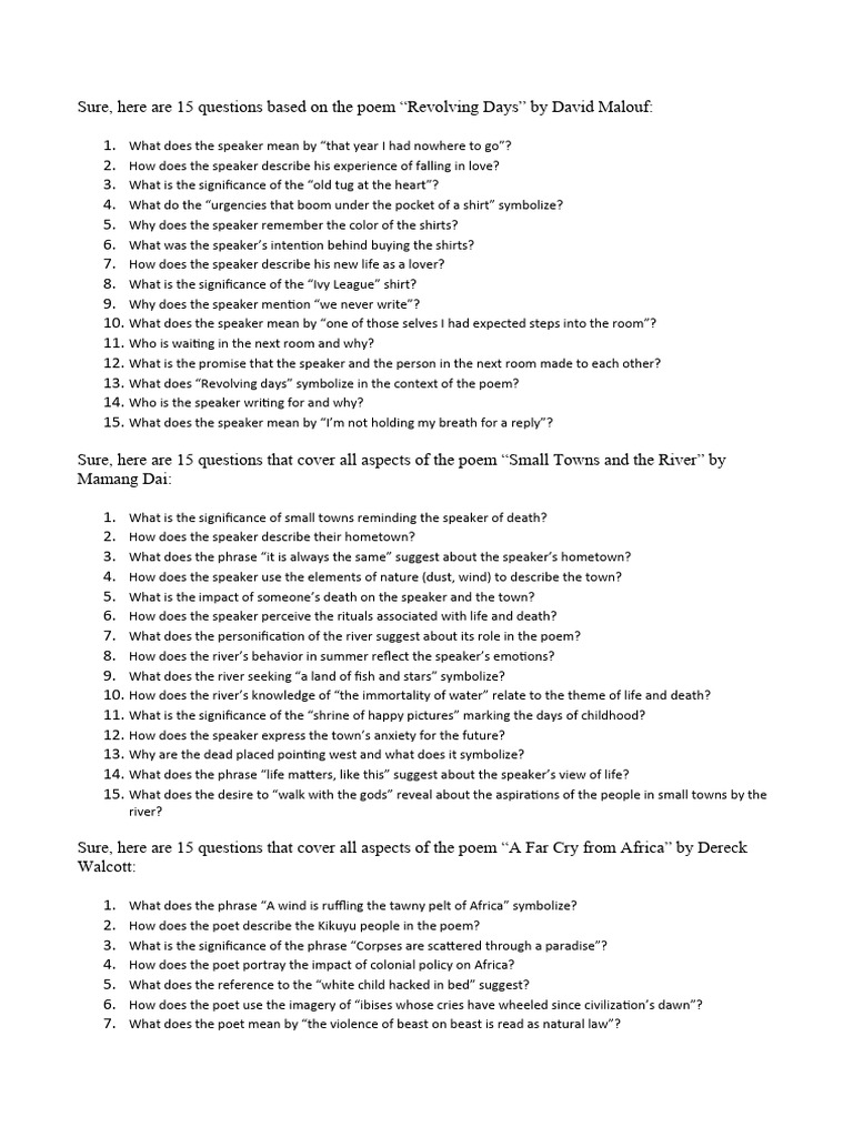 CC 13 Poems Questions | PDF | Poetry