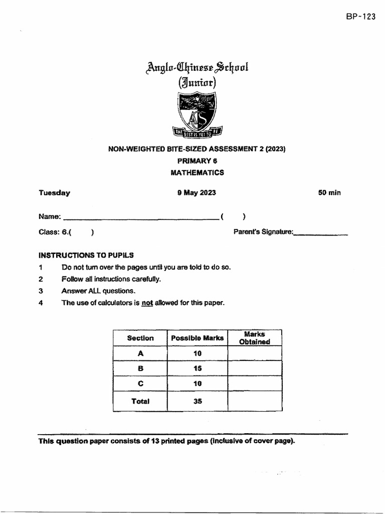 P6 Maths 2023 WA2 ACS Junior | PDF