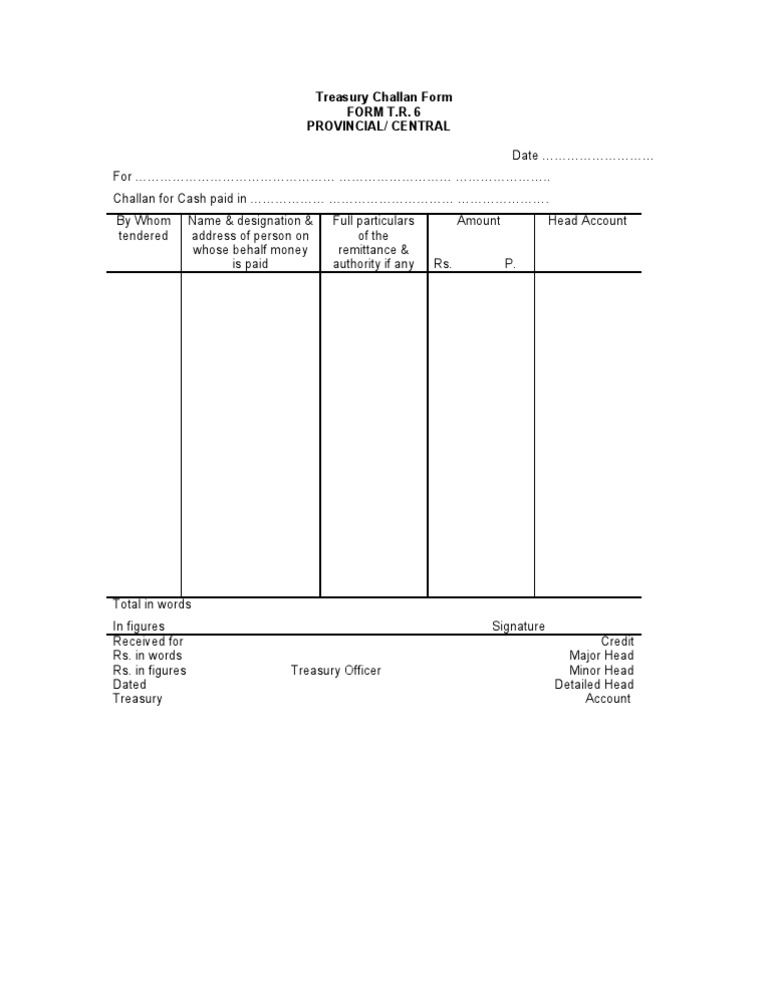 Treasury Challan Form Form T.R. 6 Provincial/ Central | PDF