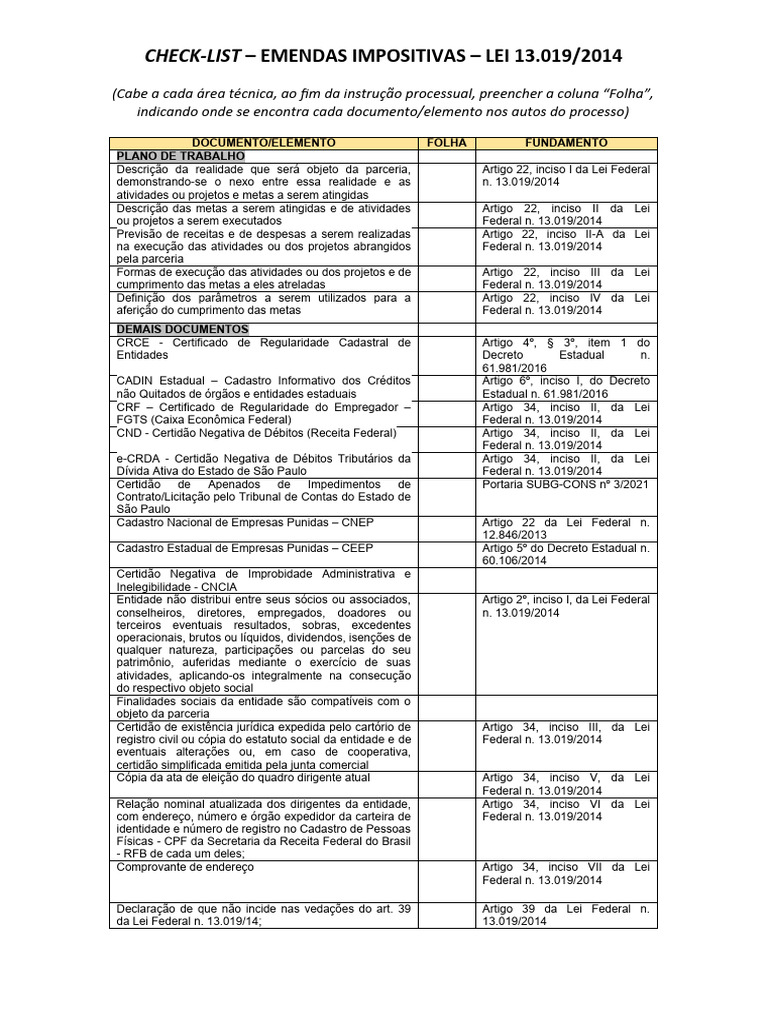 Checklist Interno Sde - Lei 13019 | PDF | Contabilidade | Administração ...
