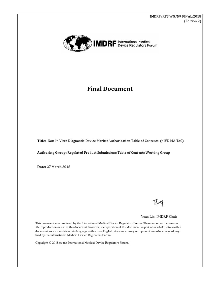 Imdrf Tech 180327 Rps Nivd Toc | PDF | Medical Device | Food And Drug ...
