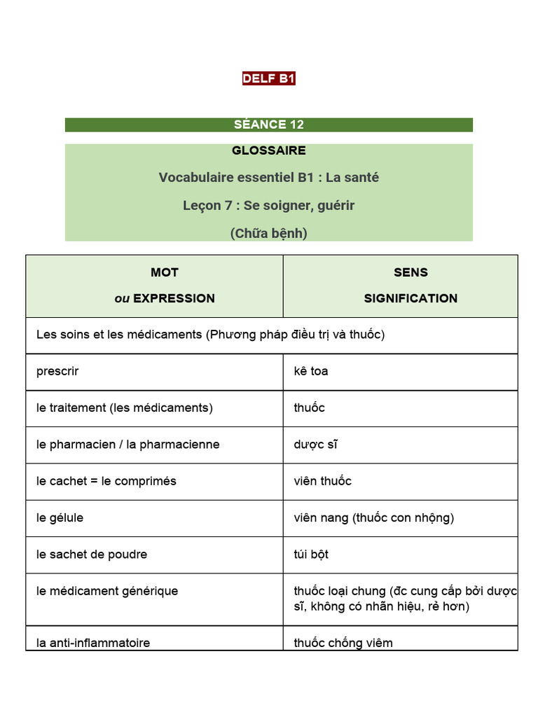Vocabulaire essentiel B1: La santé Leçon 7: Se soigner, guérir (Chữa ...